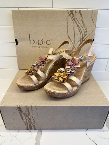 Boc Born Concept Sandals Womens 9 N/W Floral Wedge Tan Leather | eBay