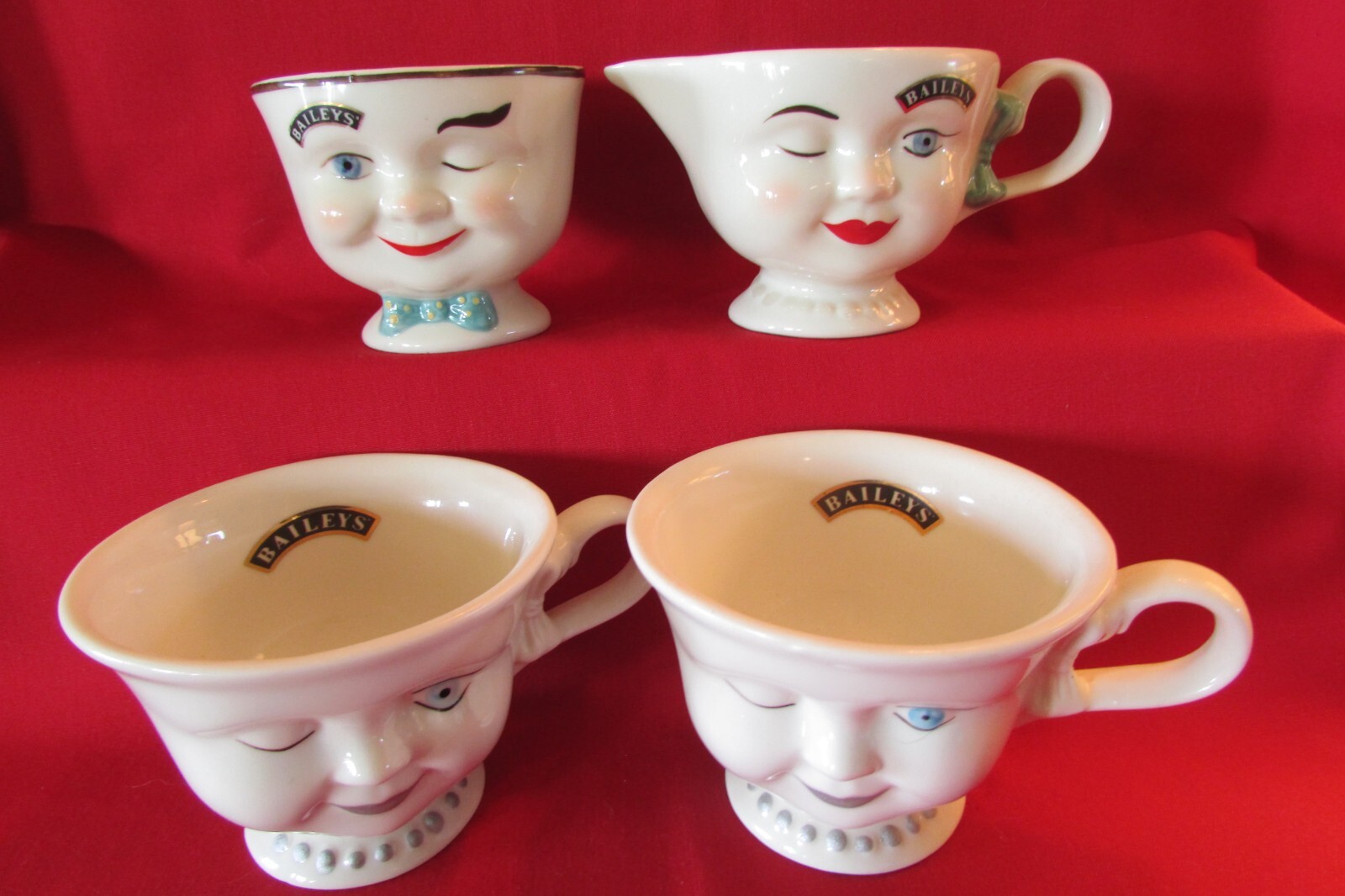 VINTAGE BAILEYS WINKING EYE FACE COFFEE/TEA CUPS W/ HIS & HER'S CREAMER ...