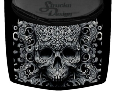 Engraved 3D Floral Skull Car Truck Vinyl Decal Hood Wrap Graphic Black ...