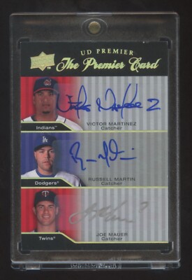 2008 UD TRIPLE AUTOGRAPH JERSEY #ED 1/3 JOE MAUER-RUSSELL MARTIN-VICTOR ...