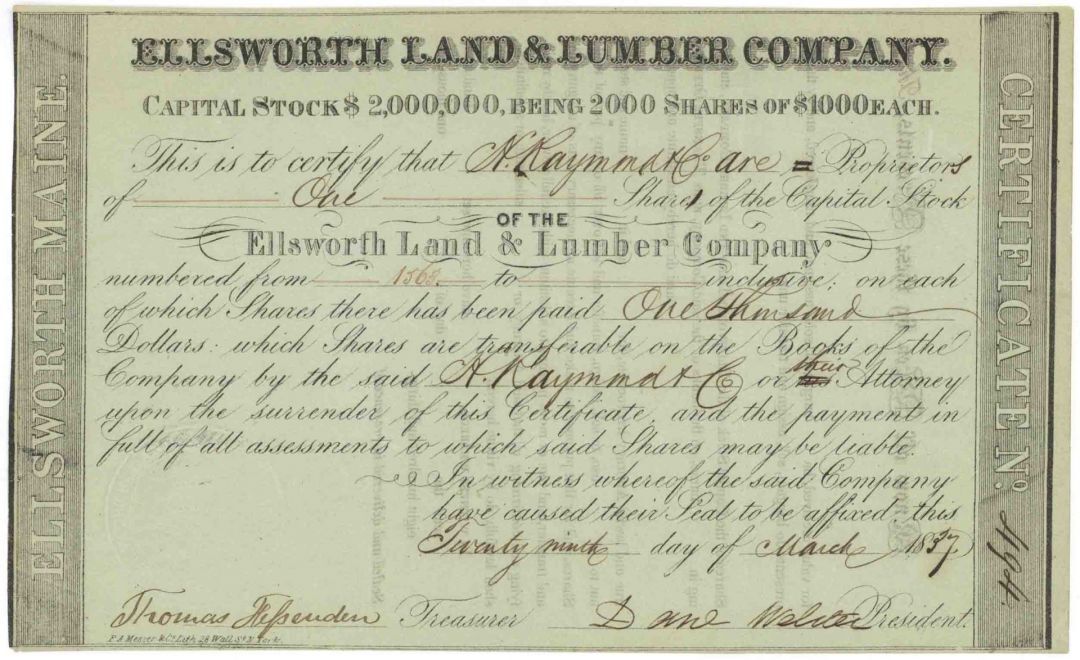 Daniel Webster signed Ellsworth Land and Lumber Co. - Autograph Stock ...
