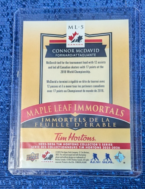 Tim Hortons 2026 Team Canada Connor McDavid Maple Leaf Immortals ML-5 ...