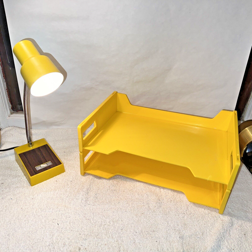 Vintage 1970s bright yellow desk task lamp & 2 Eldon file holder letter ...