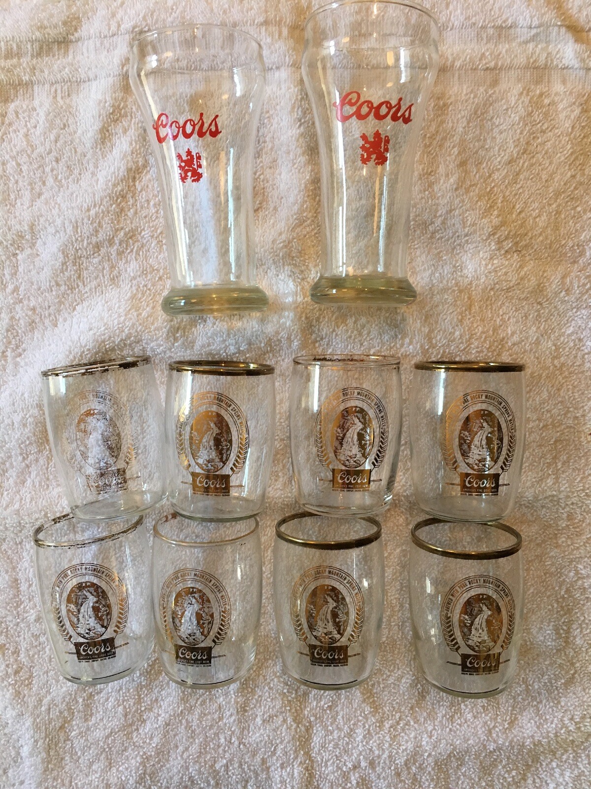 Vtg Coors Beer Sample Shorty Beer Glass Lot Gold 3” Red Logo 5” Cups 3 ...