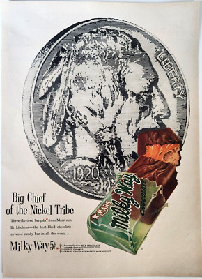 Indian Head Nickel Milky Way Candy Bar Chocolate Vtg Ad 1955 Art ...