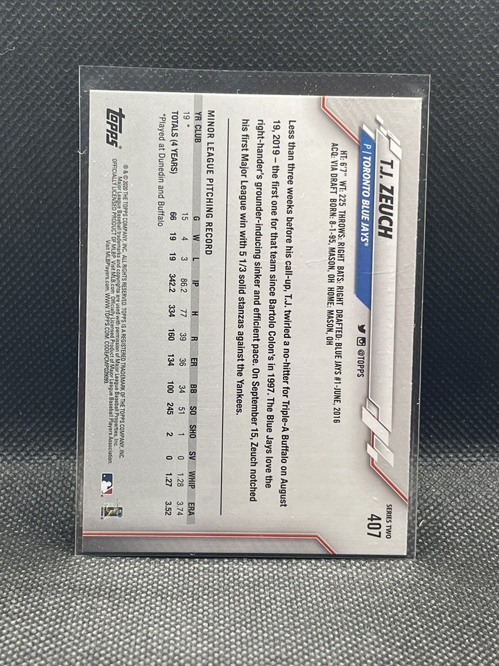 2020 Topps Series 2 Base #407 T.J. Zeuch RC - Toronto Blue Jays | eBay