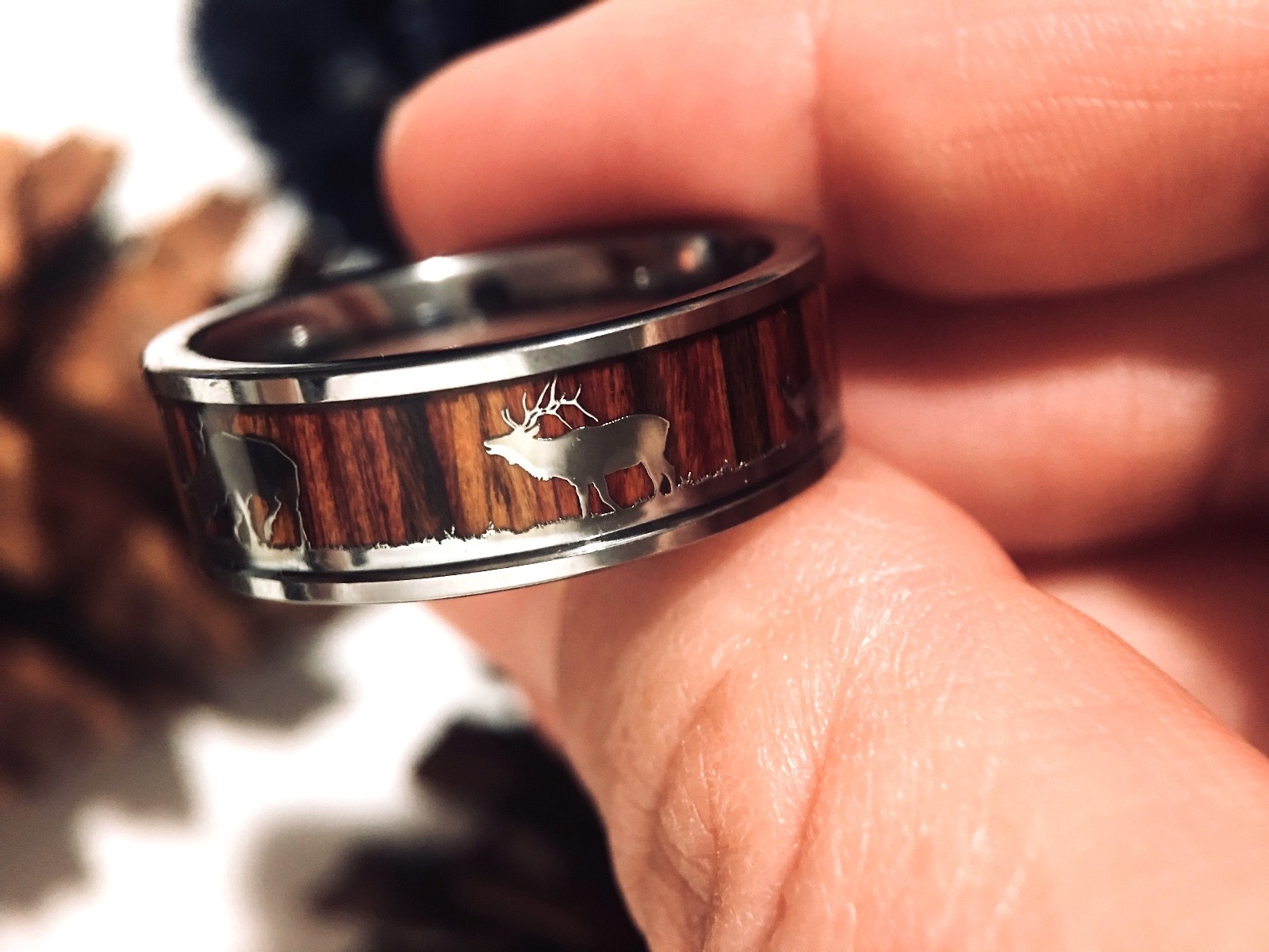 Wood & Antler Pattern Inlay Ring, Elks in Forest landscape, Mens and ...