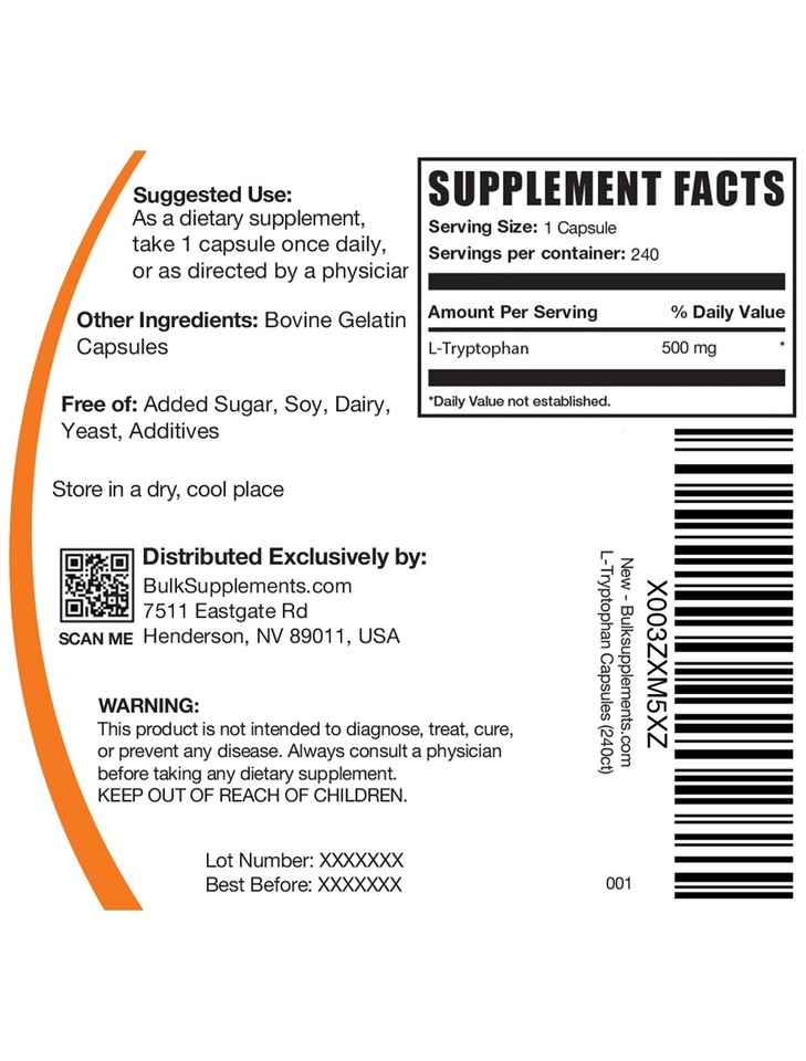 BulkSupplements L-Tryptophan 240 Capsules - 500mg Per Serving | eBay