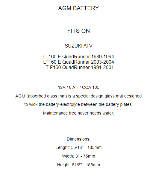 AGM Battery for Suzuki LT160E LT160 E LT-F160 LTF160 Quadrunner 160 2X4 ...