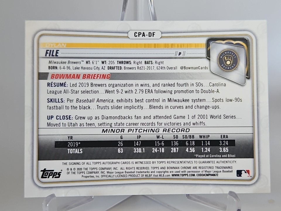 2020 Bowman Chrome Dylan File 1st Prospect Auto Autograph #CPA-DF ...