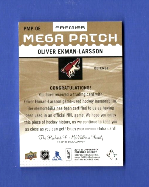 2016-17 Premier Mega Patch Chest Logos 09/23 Oliver Ekman-Larsson #PMP ...