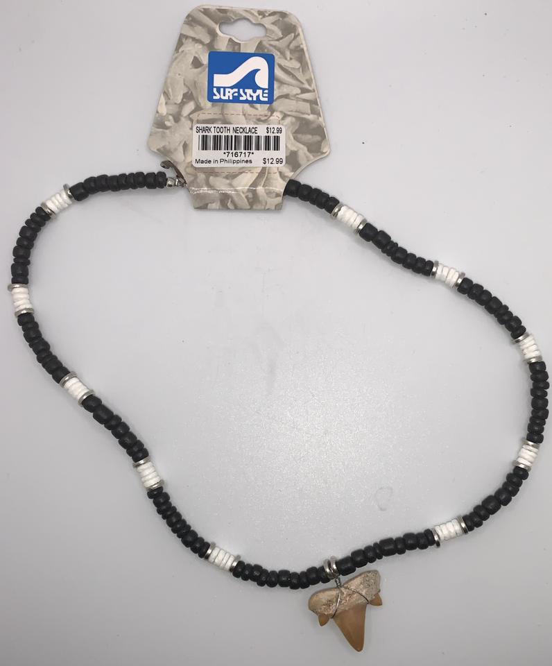 Surf Style Shark Tooth Surfer Necklace Black Silver White Beads ...