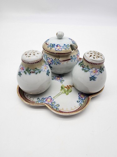 Salt And Pepper Porcelain Condiment Jar Tray Set Made in Japan Blue ...
