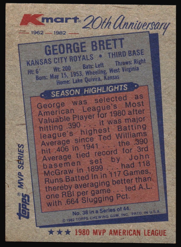 1982 Topps Kmart 20th Anniversary George Brett #38 Kansas City Royals ...