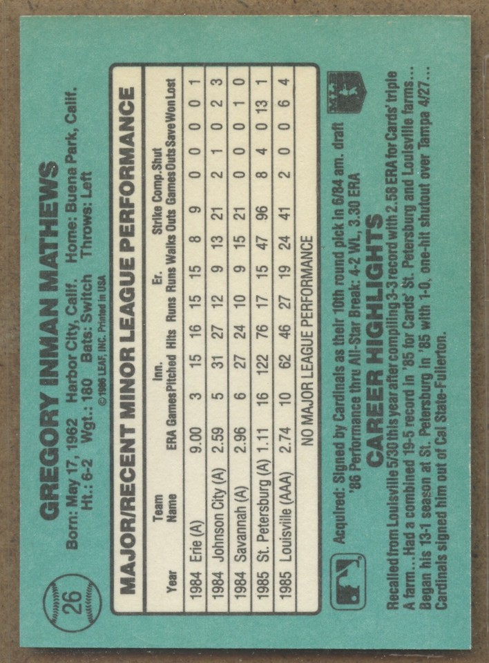 1986 Donruss The Rookies #26 Greg Mathews St. Louis Cardinals | eBay