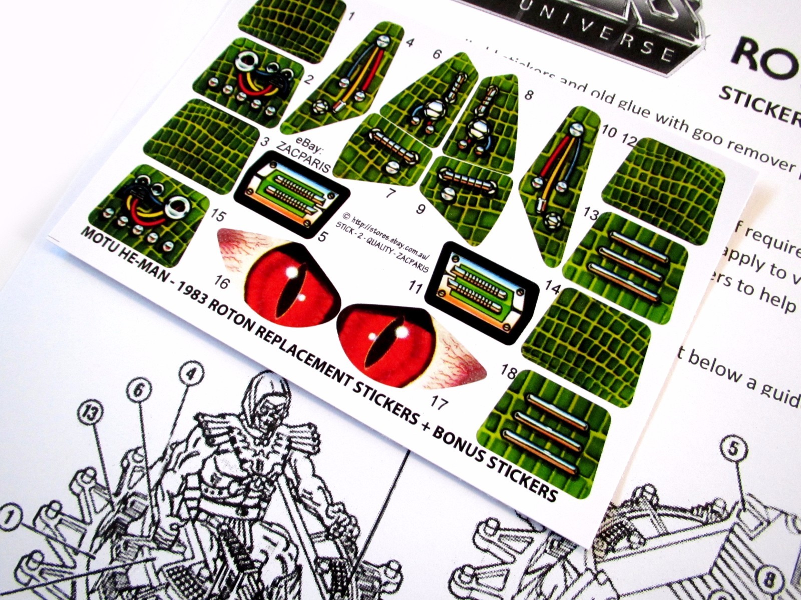 Replacement stickers for MOTU HE-MAN Masters of the Universe ROTON 1983 ...