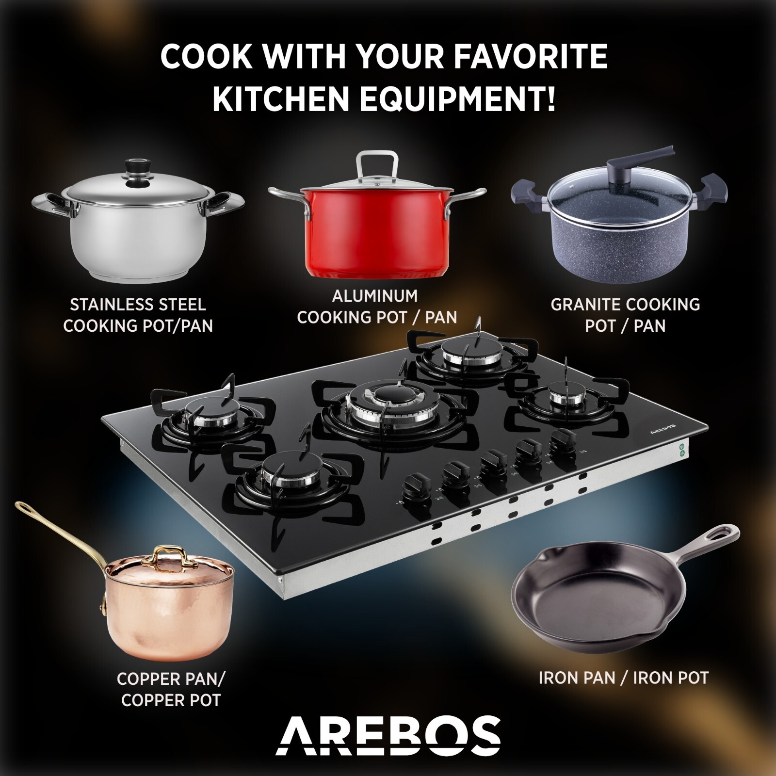 AREBOS gas hob 5 burners glass ceramic gas cooker built-in cooker ...