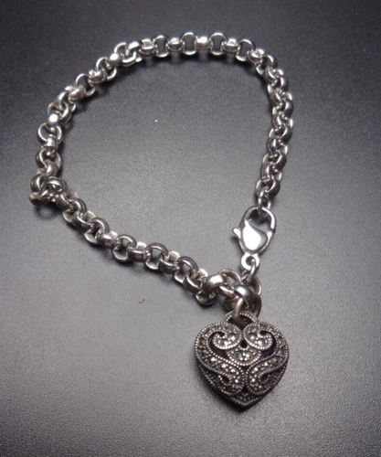 JUDITH JACK 925 Silver Vintage Marcasite Love Heart Chain Bracelet 7 ...