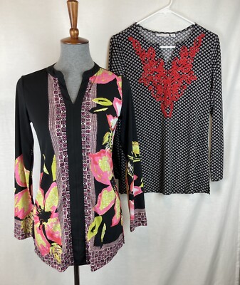 Set of 2 Susan Graver Size XXS Tunic Blouses Long Sleeve V-Neck Stretch ...