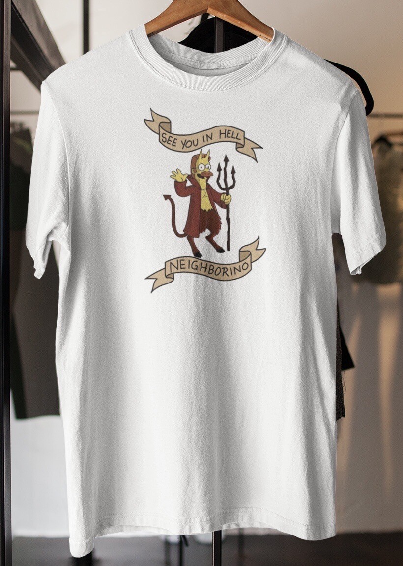 See You iN Hell Neighborino! Simpsons Ned Flanders Devil Men’s White ...