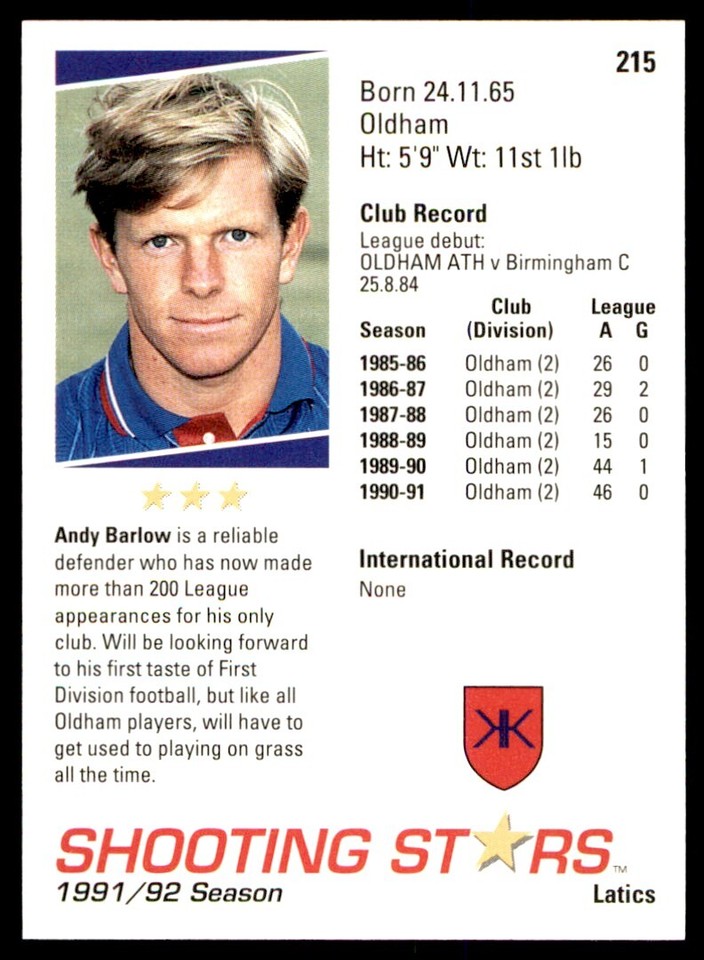 Merlin Shooting Stars (1991-1992) Barlow Andy Oldham Athletic No. 215 ...