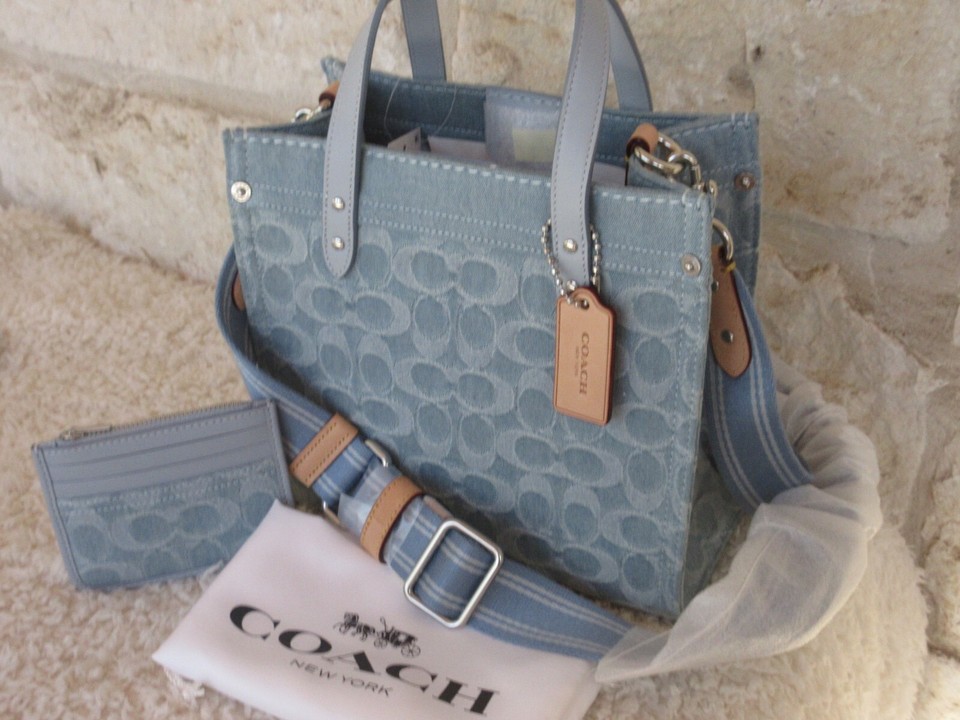 NEW Coach Field Tote 22 DENIM Pale Blue Signature Washed Denim Small ...