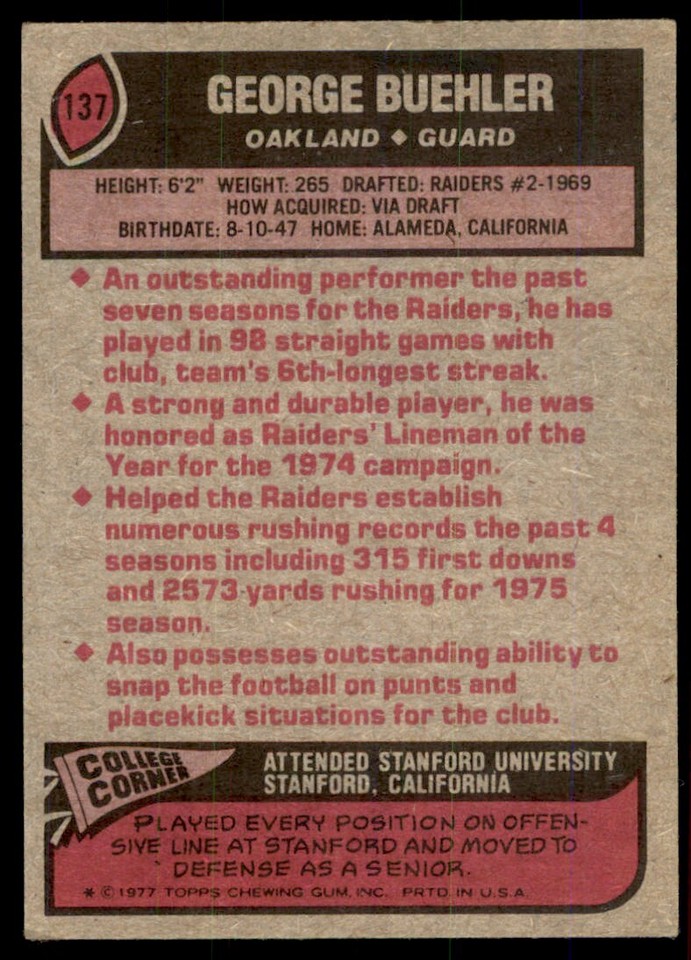 1977 Topps George Buehler Oakland Raiders #137 | eBay