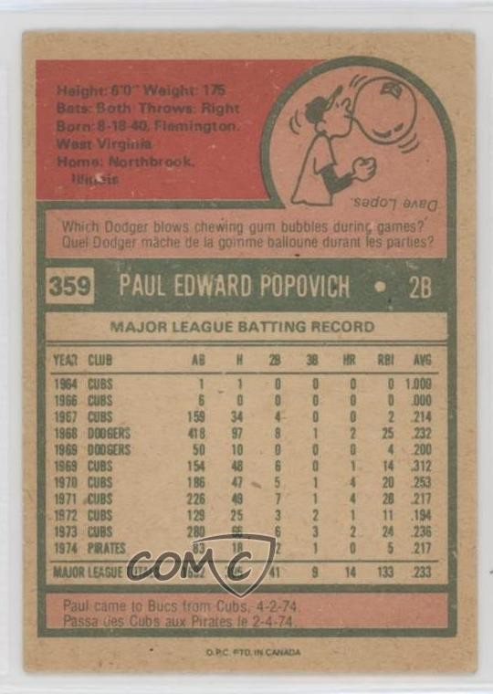 1975 O-Pee-Chee Paul Popovich #359 | eBay