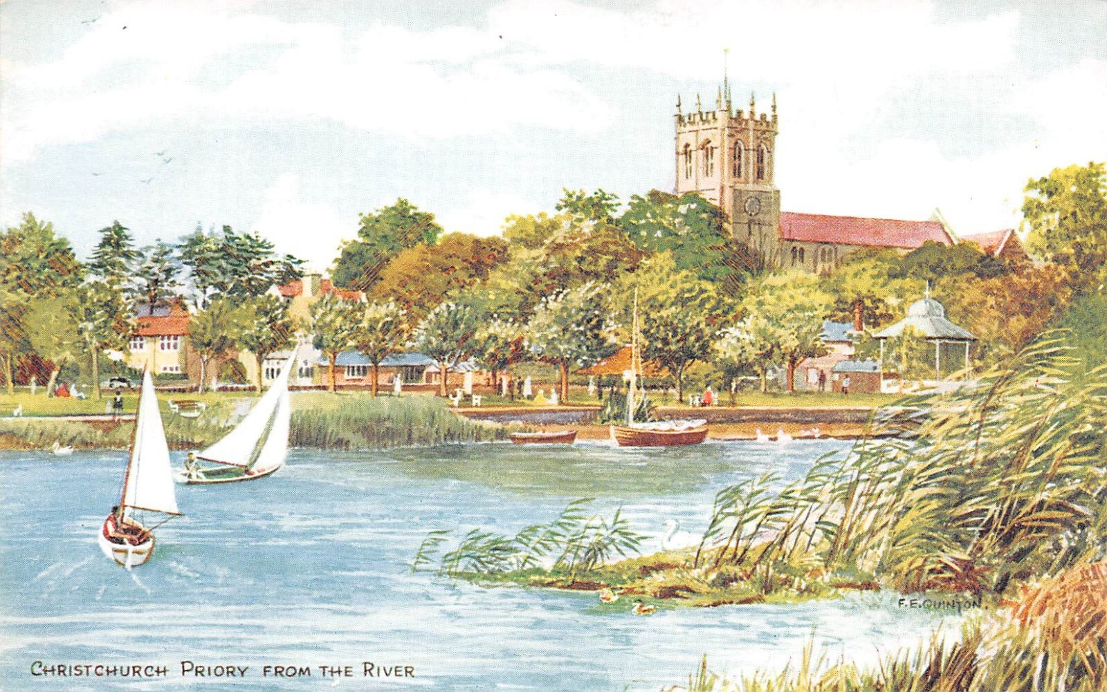 CHRISTCHURCH PRIORY FROM RIVER - ARTIST A. R. QUINTON ~ AN OLD POSTCARD ...
