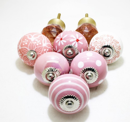 8 Pcs Pink Ceramic & Glass Kitchen Cabinet Door Pulls Knobs Drawer ...