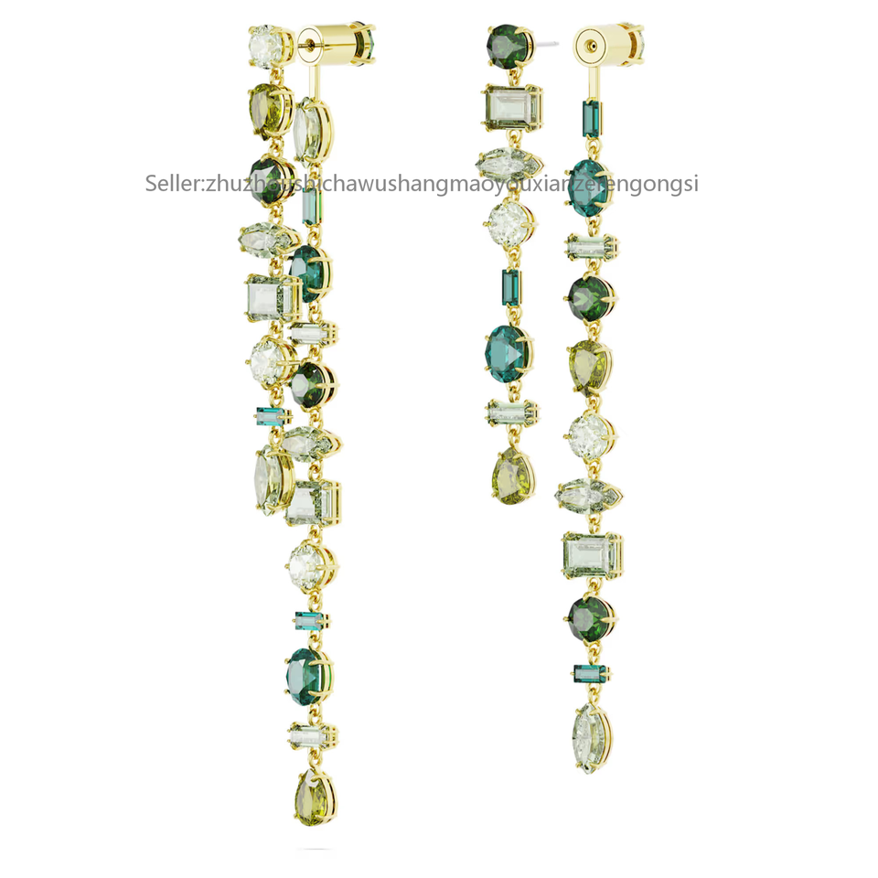 New Gema drop earrings, Asymmetrical, Mixed cuts, Long, Green, Gold ...