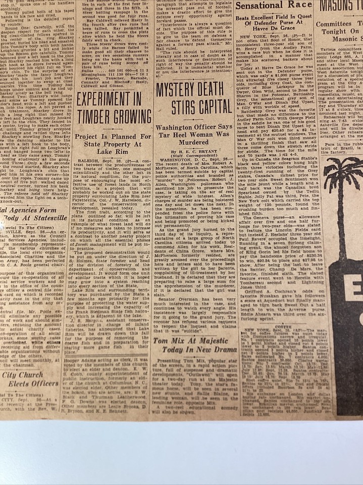 Ashville NC Newspaper Sept 27, 1929 Boxing Sharkey Baseball Jack Barry ...