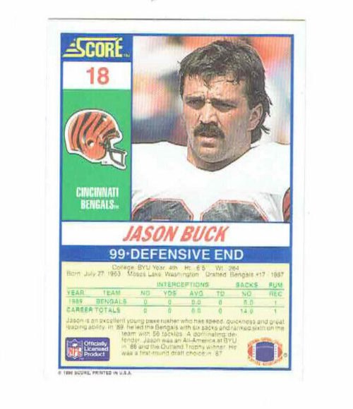 Jason Buck Cincinatti Bengals #99 DE #18 Score 1990 Football Card | eBay