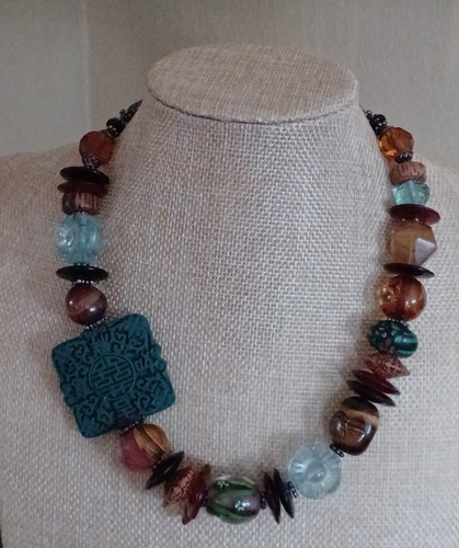 Vtg Green Cinnabar Amber Multi Gemstone Statement Sterling Silver Necklace 18" | eBay