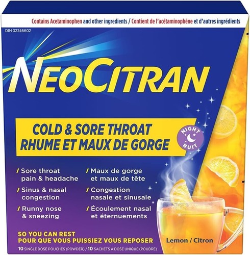 NeoCitran Cold & Sore Throat for Nighttime Relief, Lemon, 10 Count | eBay