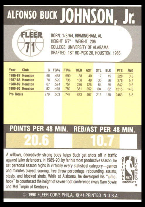 1990 Fleer #71 Buck Johnson Houston Rockets Basketball Card | eBay
