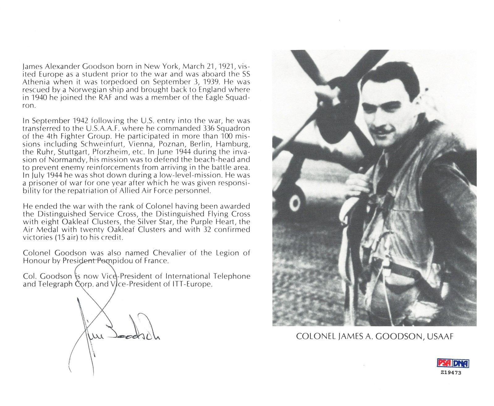 JAMES GOODSON 8x10 PHOTO PSA DNA Z19473 (D) WWII ACE 4TH FG 32V | eBay