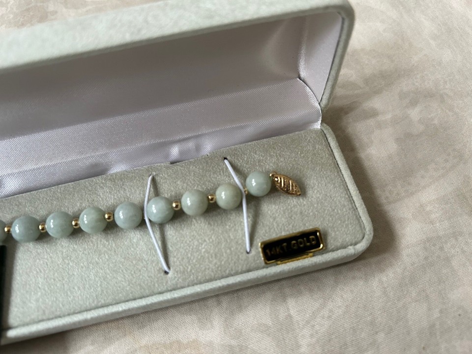 Jade and Gold Bead Bracelet 14K 8mm 7 1/4" Chinese Jade QVC New in Box ...