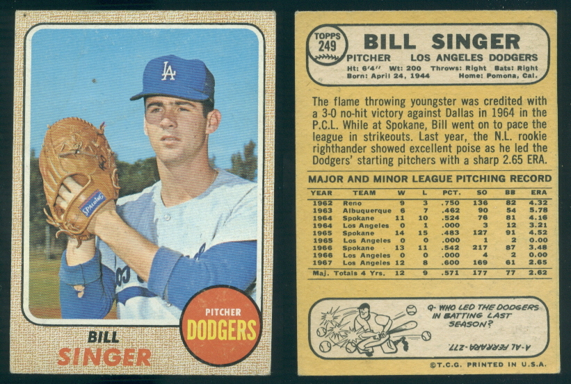(37600) 1968 Topps 249 Bill Singer Dodgers-EX | eBay