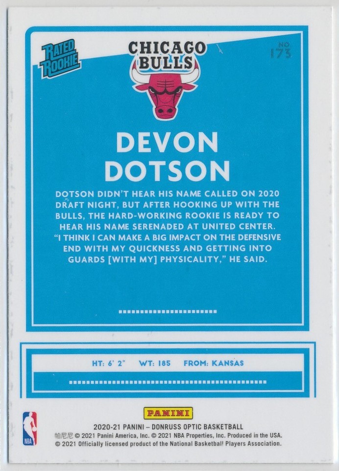 Devon Dotson- Chicago Bulls - RC - 2021 Panini Donruss Optic Basketball ...
