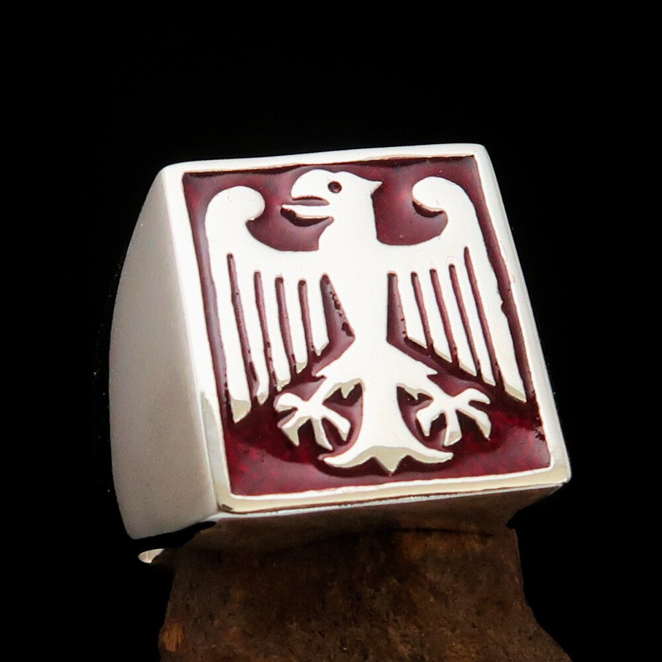 MENS STERLING SILVER BIKER SEAL RING GERMAN EAGLE COAT OF ARMS RED ...