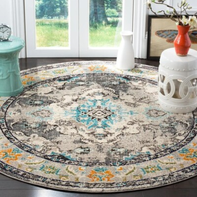 6 Round Rug Boho Area Vintage Style Carpet Grey Blue Decor Oriental ...