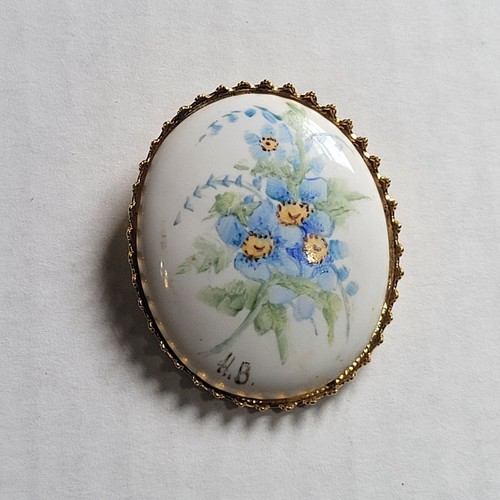 Vintage Hand Painted Floral Brooch Signed HB White Blue Gold Frame ...