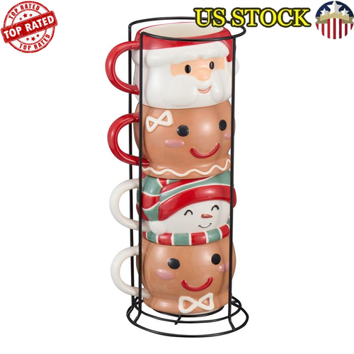 4-Piece Stoneware Stacking Mug Set W/ Rack Holiday Characters ...