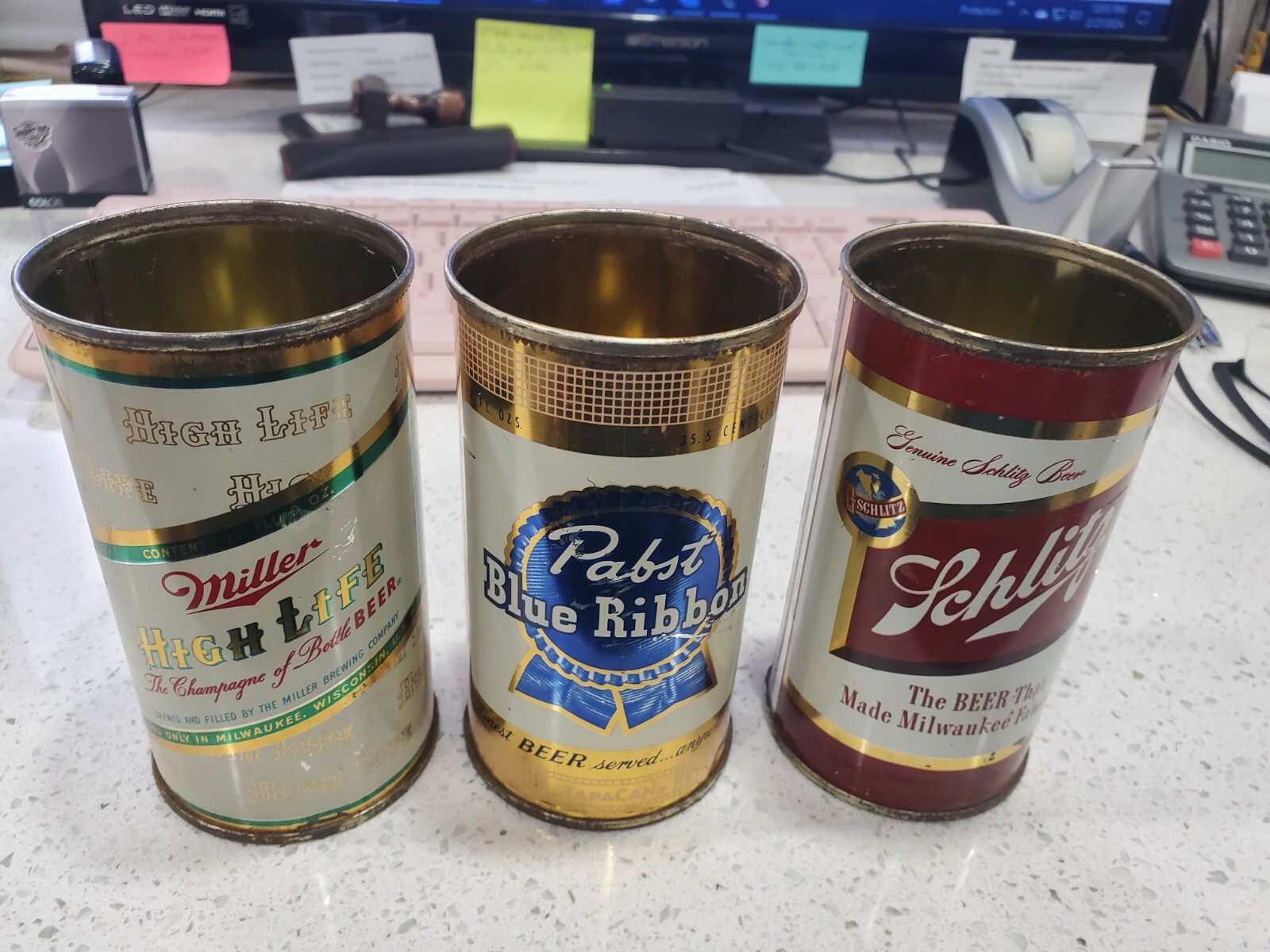 (3) 1950 Pabst, Schlitz, Miller High life Steel Beer Cans (top cut out ...
