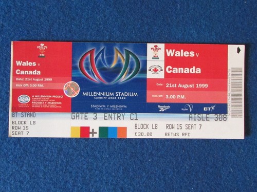 Wales v Canada Rugby Union International Ticket 21/8/99 | eBay UK