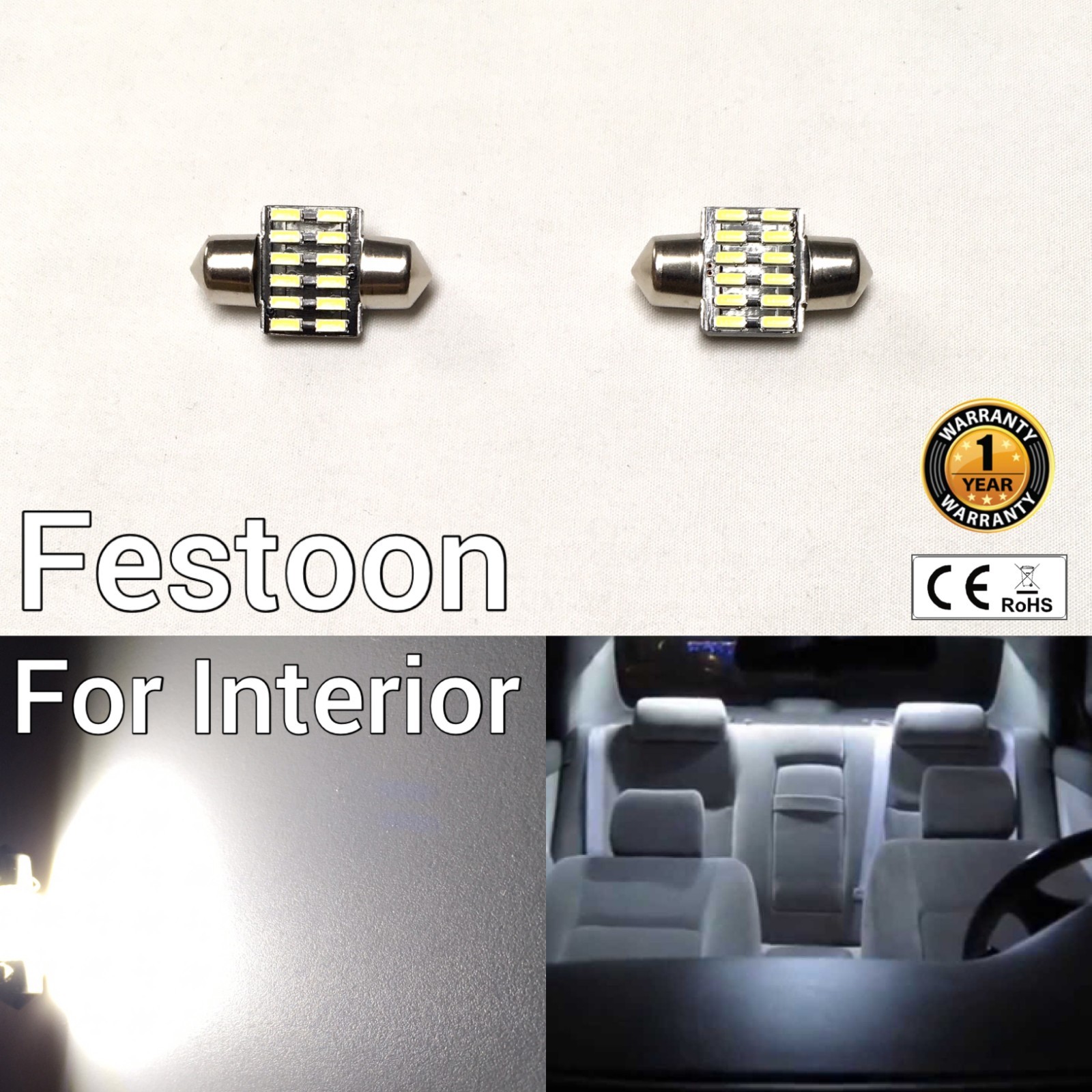 Festoon 31mm Dome Roof Light 6K LED Bulb DE3175 DE3022 DE3021 6428 6430 ...