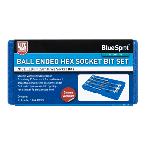 BlueSpot Ball Ended Hex Socket Bit Set 3/8 Inch 110mm Extra Long H3-H10 ...