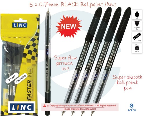 5 x 0.7mm LINC Faster Ball Pen BLACK Super Smooth Ballpoint Pens ...