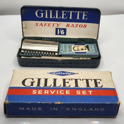 Vtg Gillette Service Set Tin Litho Shipper England NEW Flat Bottom #11 ...